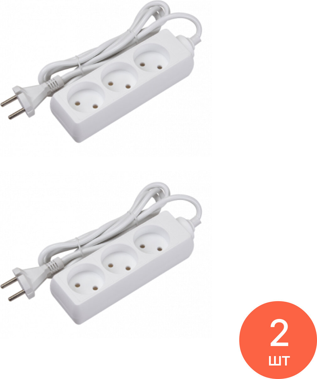 Удлинитель бытовой Фаzа / Фаза FE075-03-300 без заземления, 10А IP20, 3 метра 3 розетки, белый 5000179 (комплект из 2 шт)