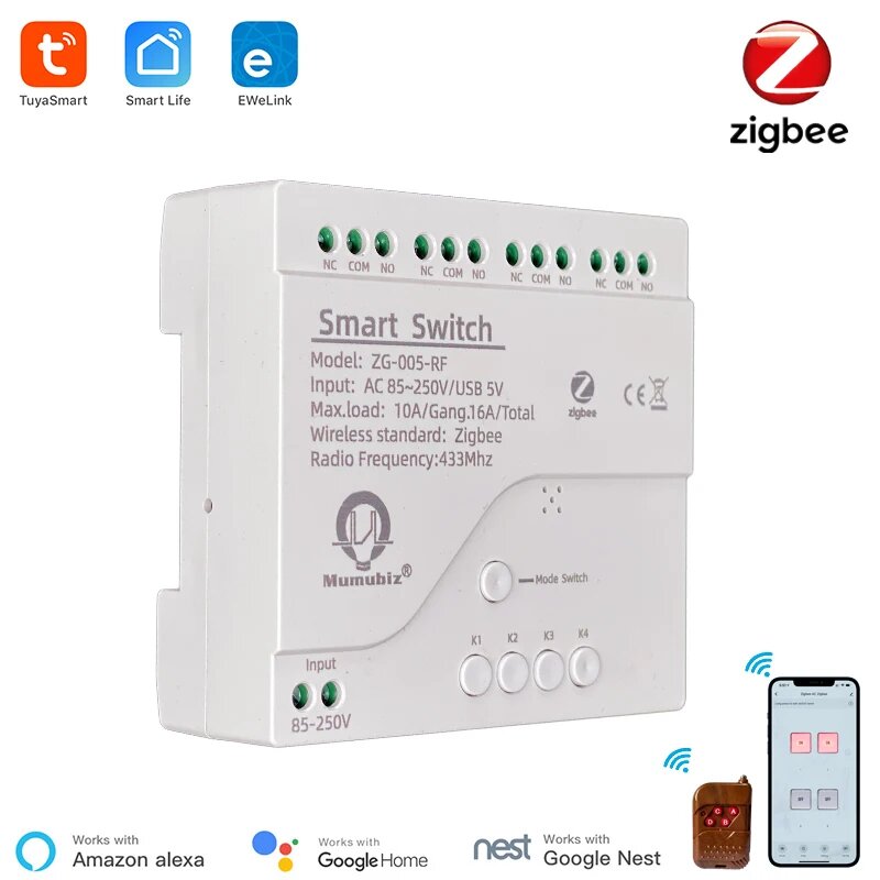 Умный выключатель mumubiz Zigbee 220В 4 канала With RF Remoter