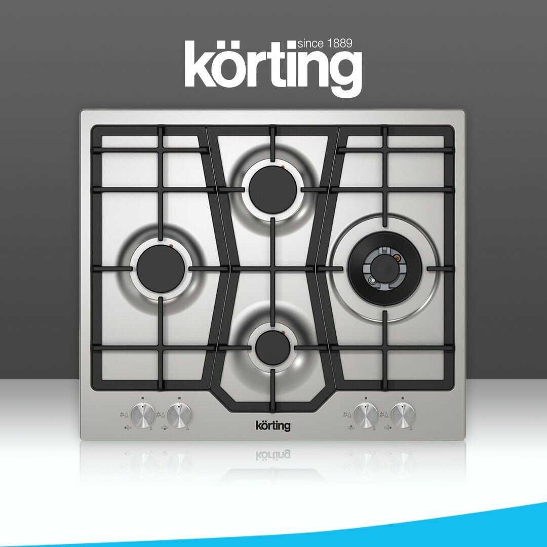 Газовая варочная панель Korting HG 631 CTX ширина 60 см, 4 конфорки, WOK, электроподжиг, нержавеющая сталь