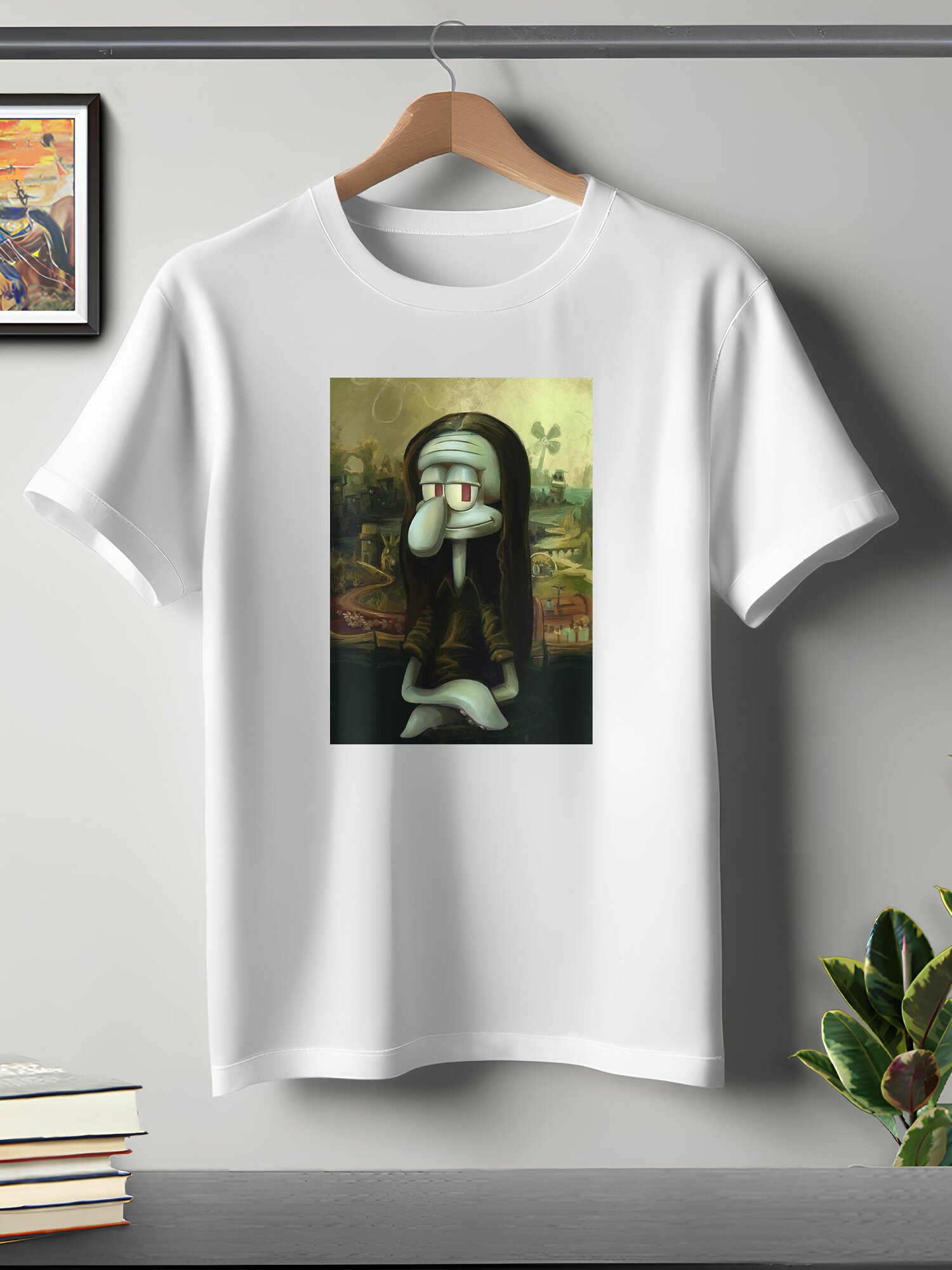 Футболка ONEQ унисекс 50-52 (XL) размер с принтом Сквидвард Мона Лиза, белая