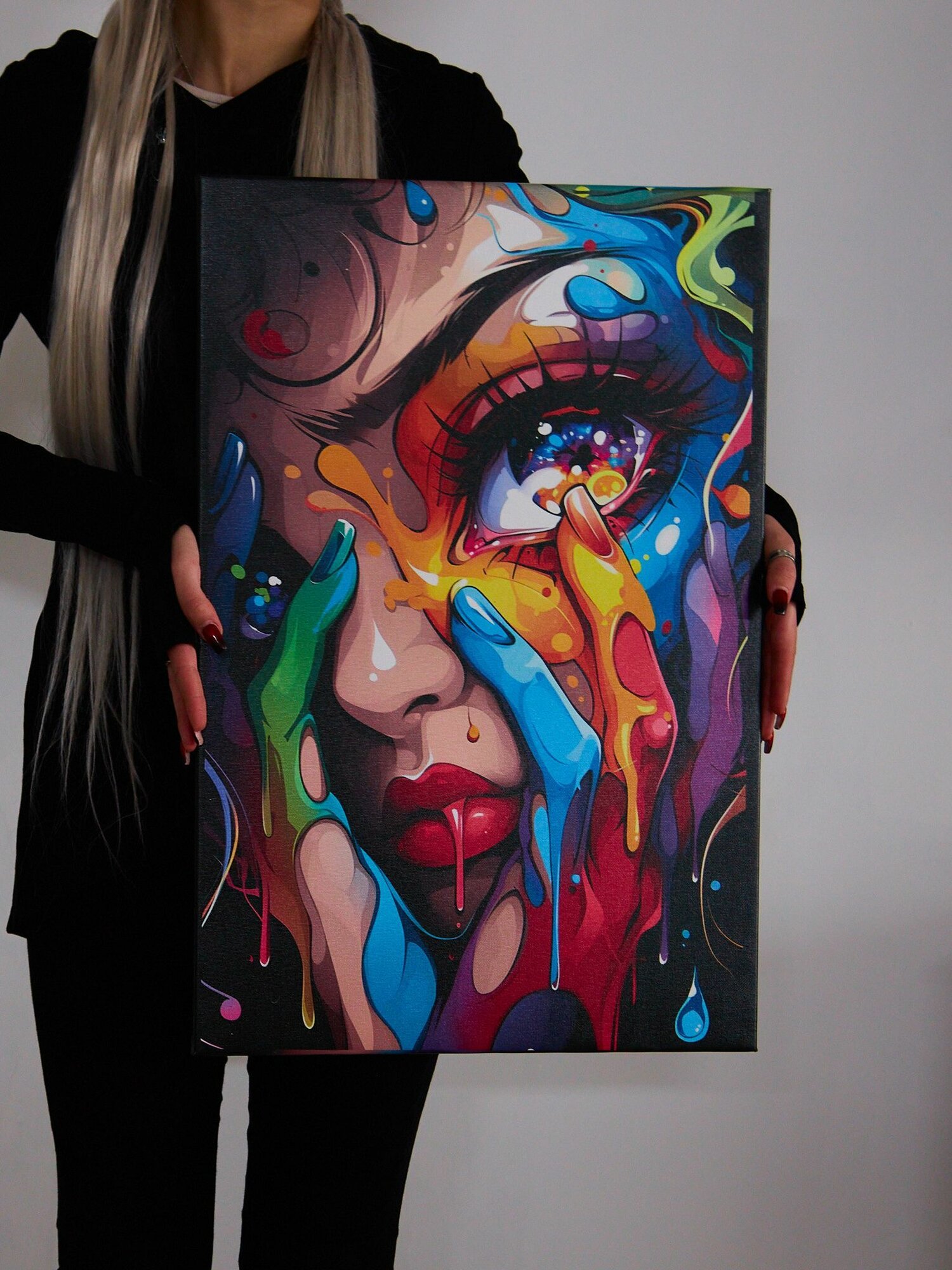 Картина на холсте "Абстрактная Девушка с Космическим Взглядом" в стиле поп-арт, 60x40 см