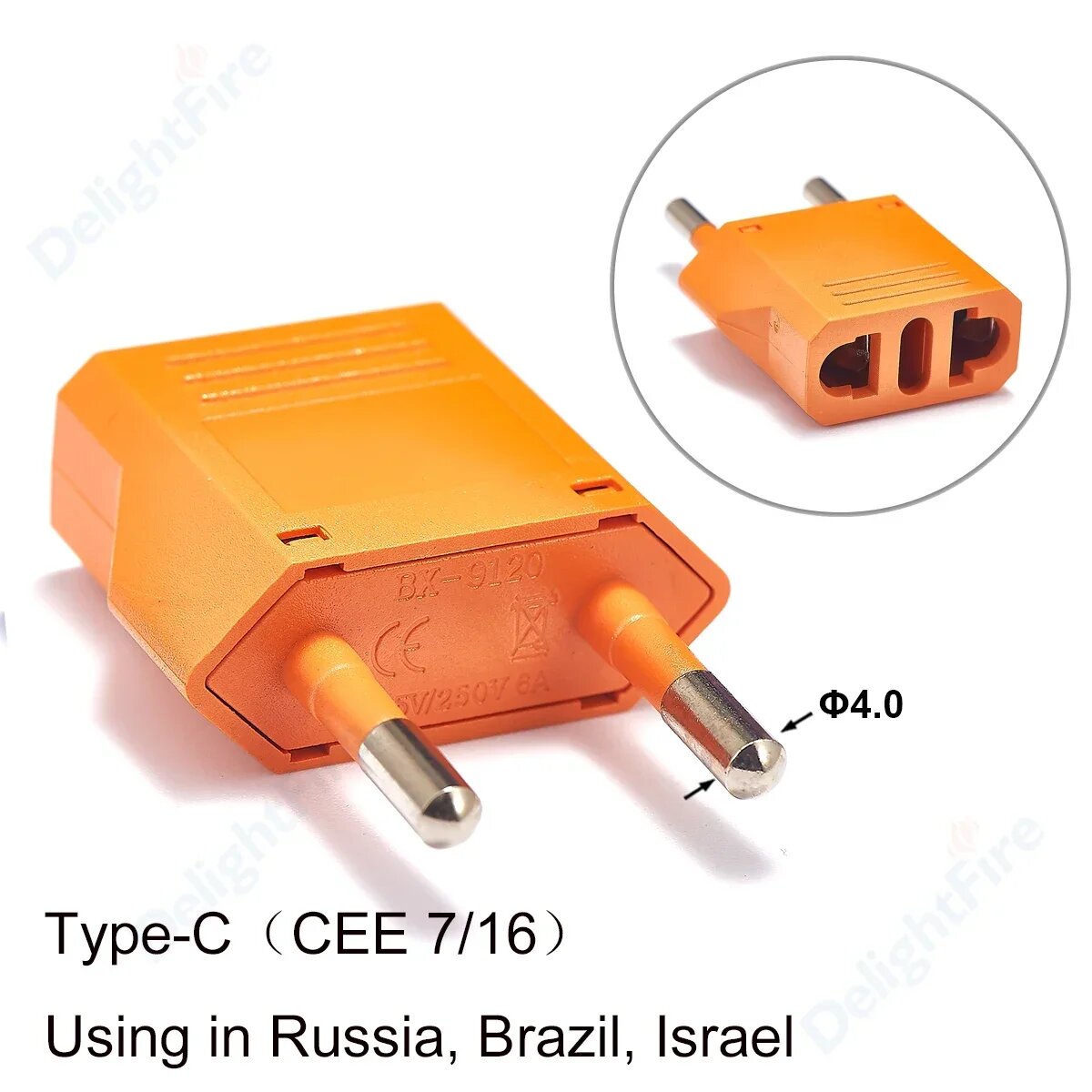 Адаптер Type-C (CEE 7/16) DelightFire, оранжевый, 1 шт