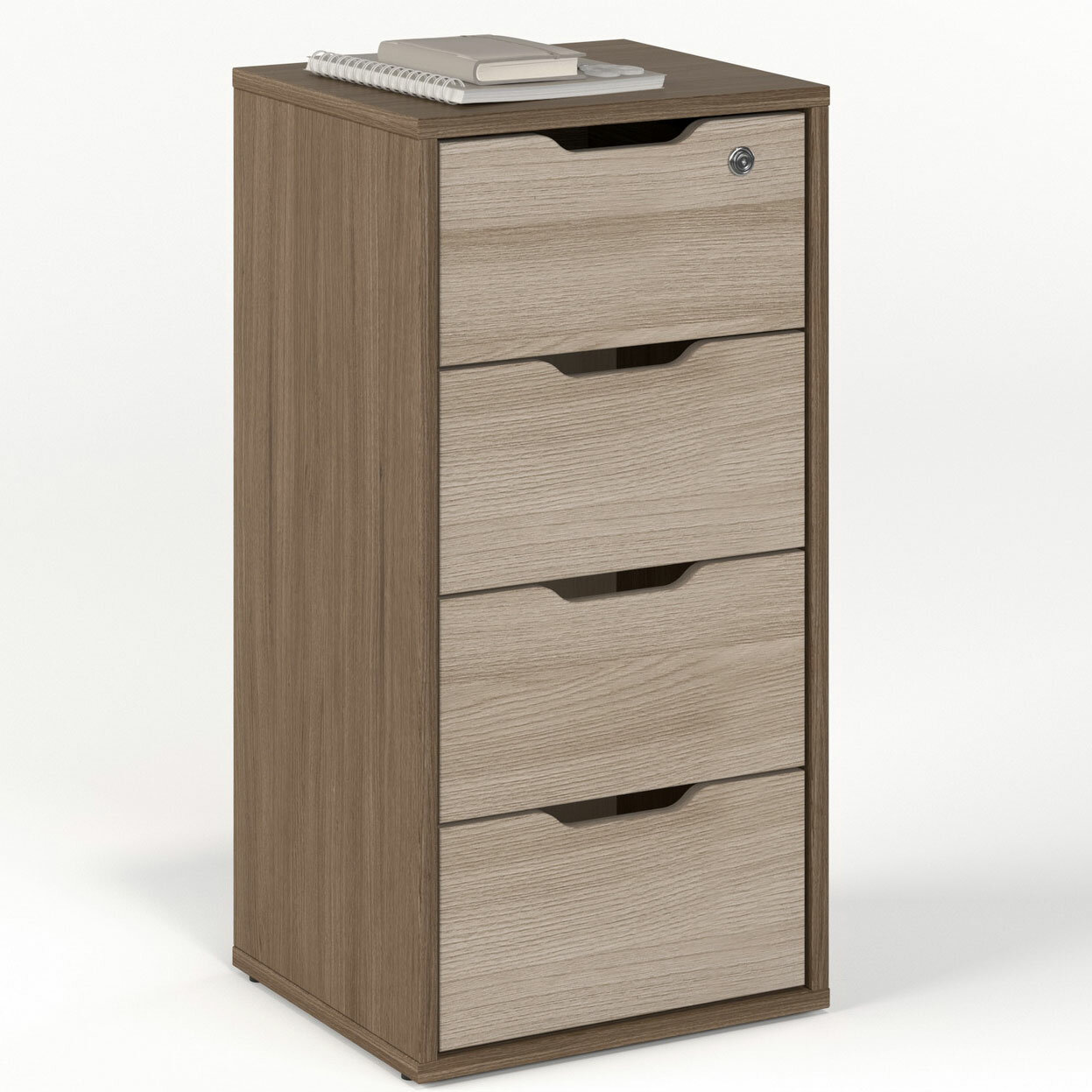 Узкий комод, Комод с 4 ящиками, Офисный комод с замком МагМебель Б-09 ясень тёмный + ясень светлый