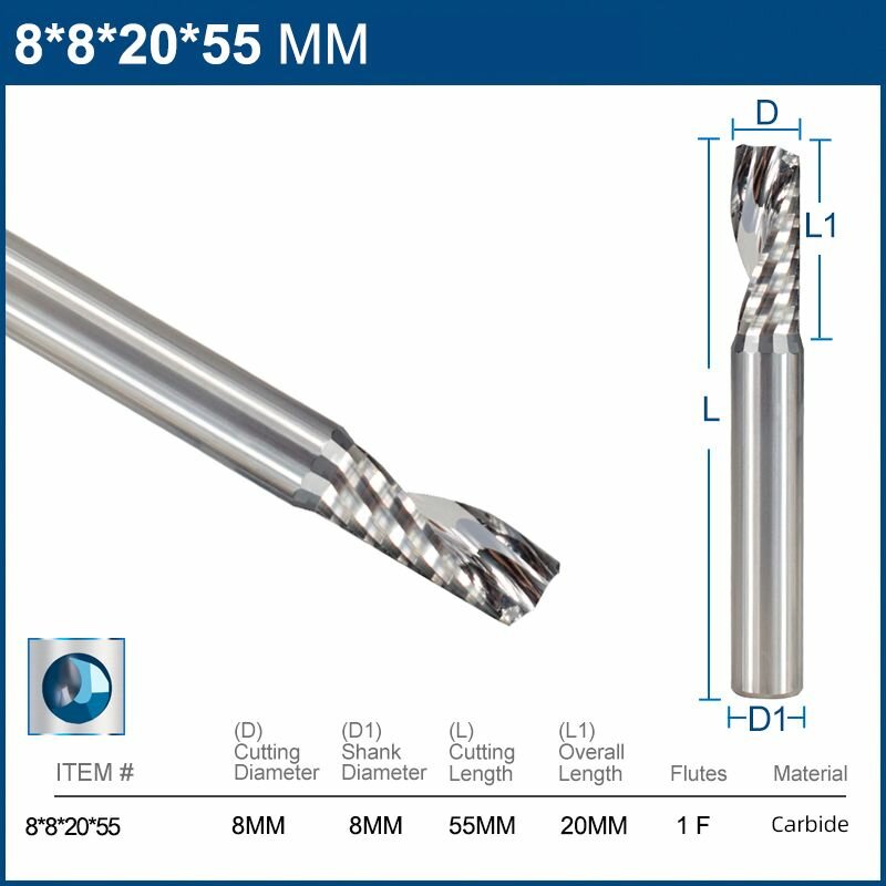 Фреза спиральная однозаходная XCAN, хвостовик 8 мм, 8х20х55 мм, Фреза концевая спиральная по дереву и пластику
