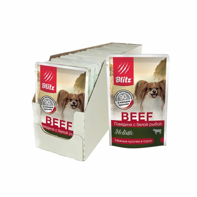 Консервированный влажный корм BLITZ BEEF / говядина С белой рыбой, кусочки в соусе, для собак мелких пород пород всех возрастов, 24 шт по 85 г