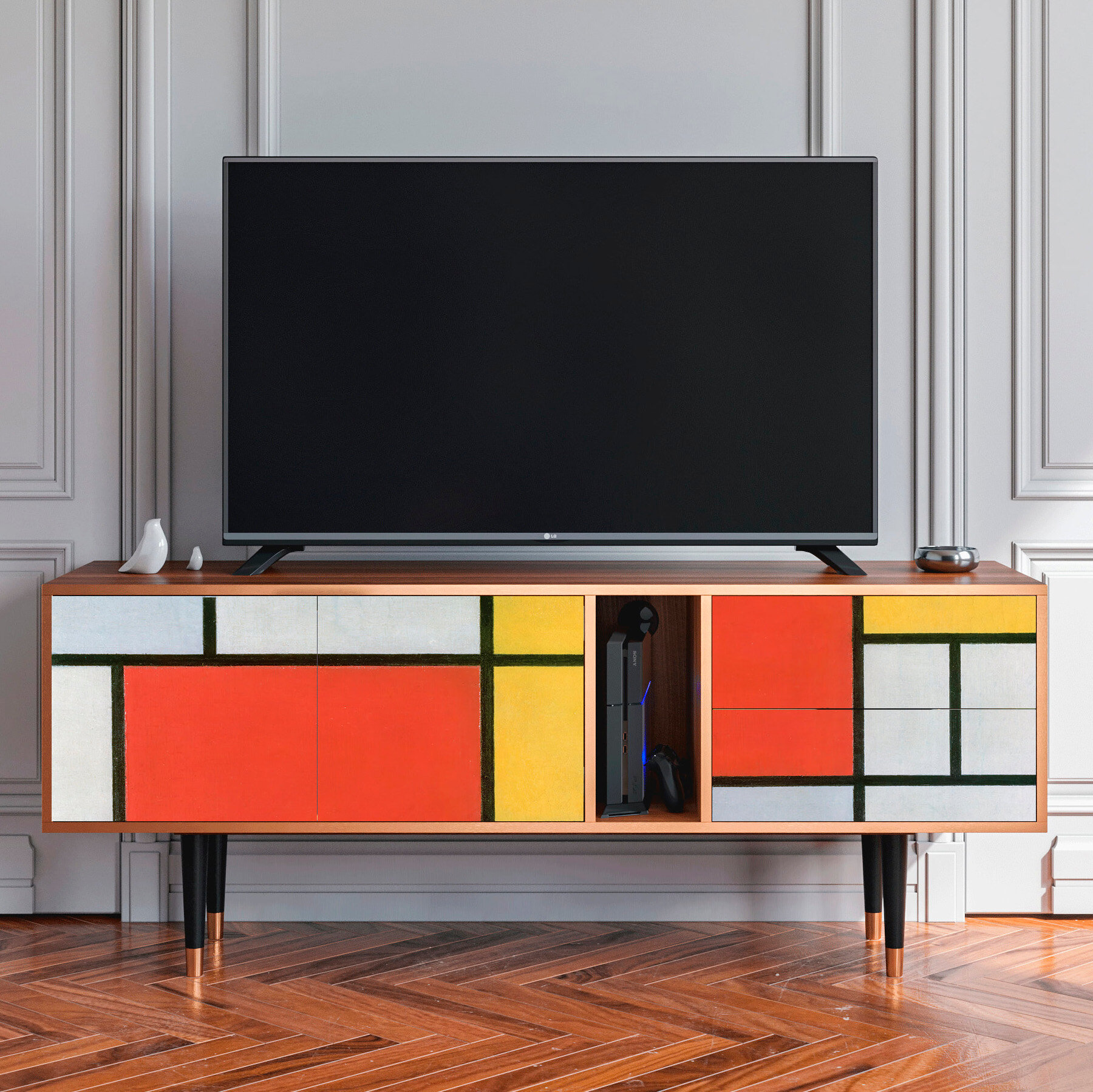 ТВ-Тумба - STORYZ - T1 Composition with Blue, Размер - 170 x 69 x 48 см, Цвет корпуса - , Red and Yellow by Piet Modrian, Размер - 170 x 69 x 48 см, Цвет корпуса - , Орех