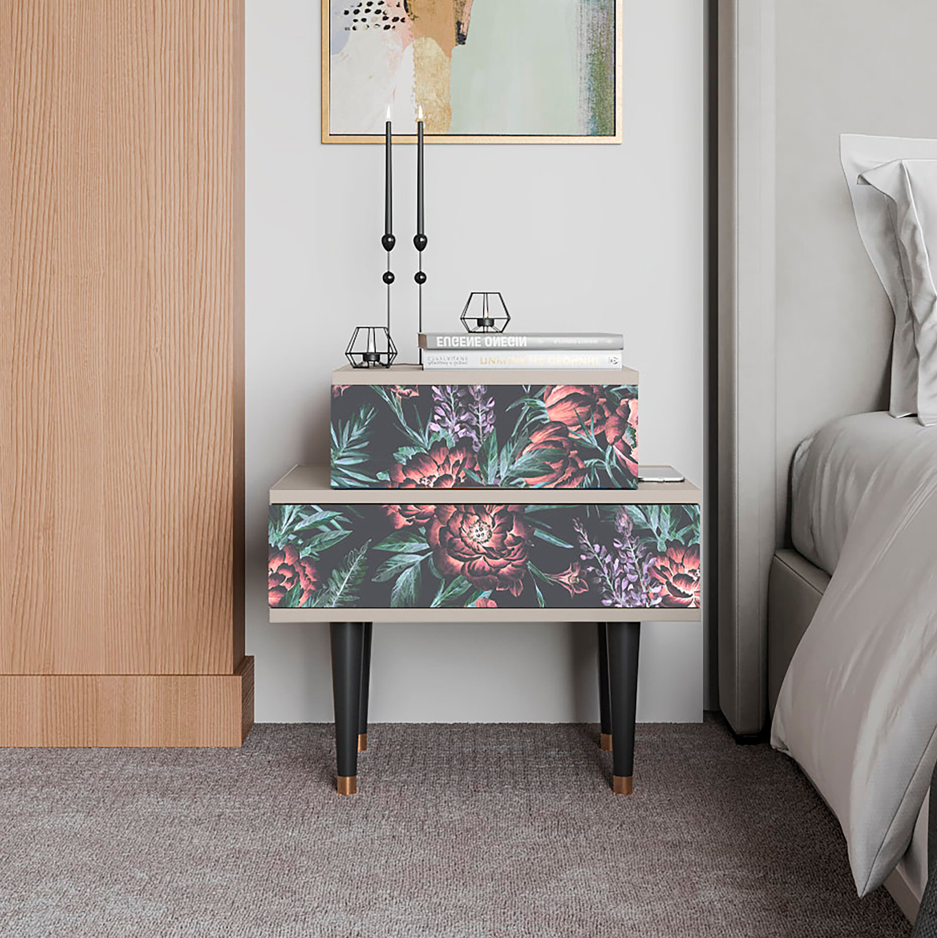 Прикроватная тумба - STORYZ - NS1 Dark Peonies, Размер - 58 x 58 x 41 см, Цвет корпуса - , Сатин