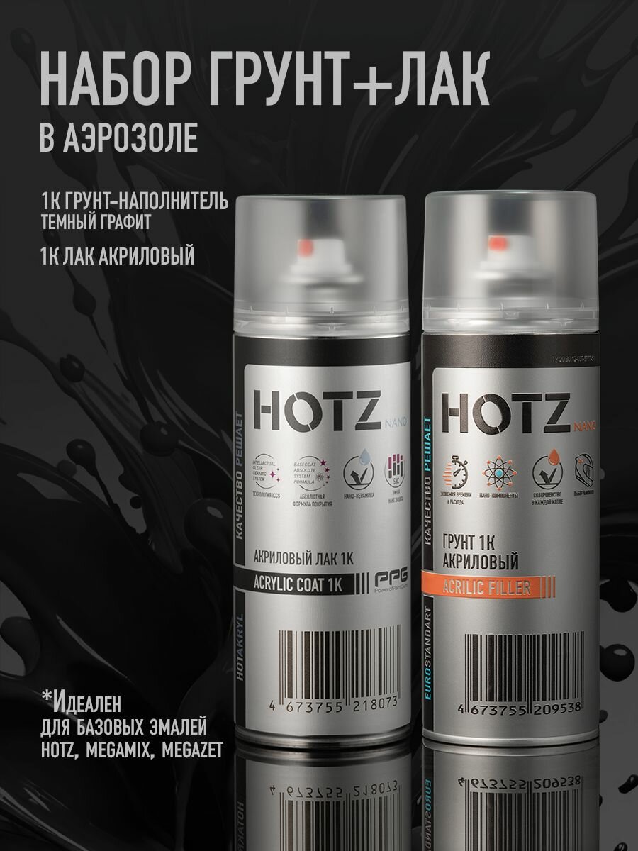 Грунтовка для автомобиля 1K: Темный графит, 520 мл + Лак автомобильный 1K акриловый : в аэрозоле 520 мл (Комплект Аэрозольный 1040 мл), HOTZ