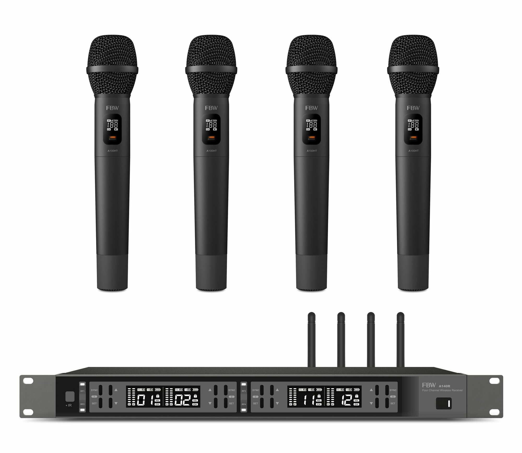 FBW A4-VOCAL четырёхканальная вокальная радиосистема, A140R+4xA100HT, 512-562МГц, FM-модуляция, 2/10/30мВт, 3 уровня Squelch, индикация батареи, 50Гц-15кГц