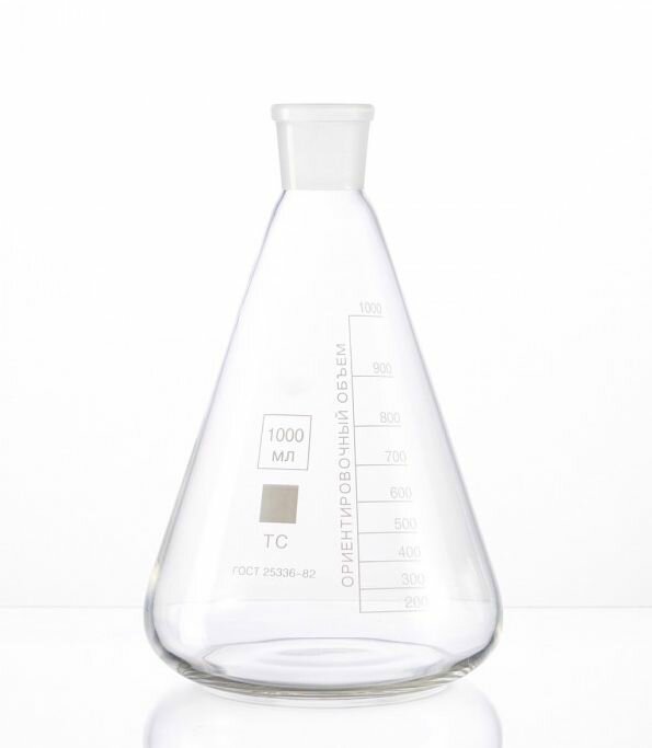 Колба коническая (Эрленмейера) КН-1-1000-29/32, 1000 мл (со шлифом и шкалой)
