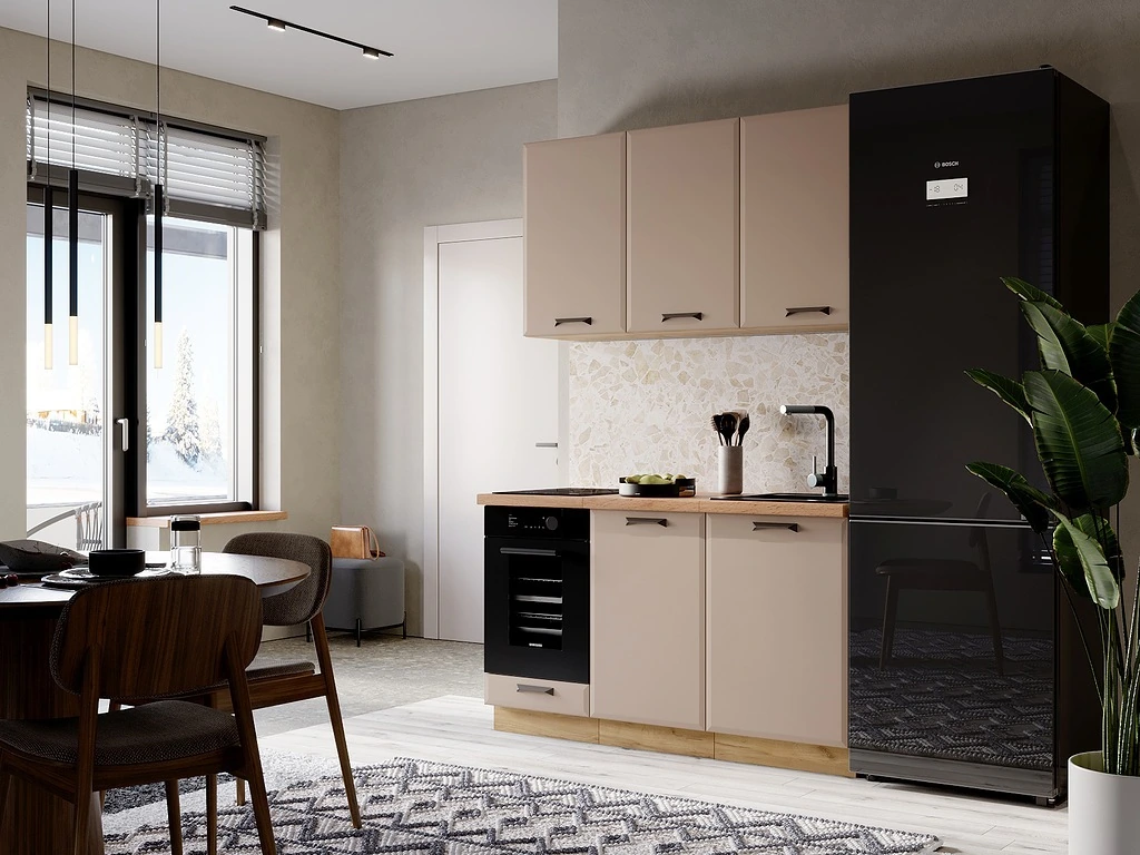 Кухонный гарнитур Призма 140х216х60 см, цвет дуб крафт золото/мокко суперматовый/дуб вотан