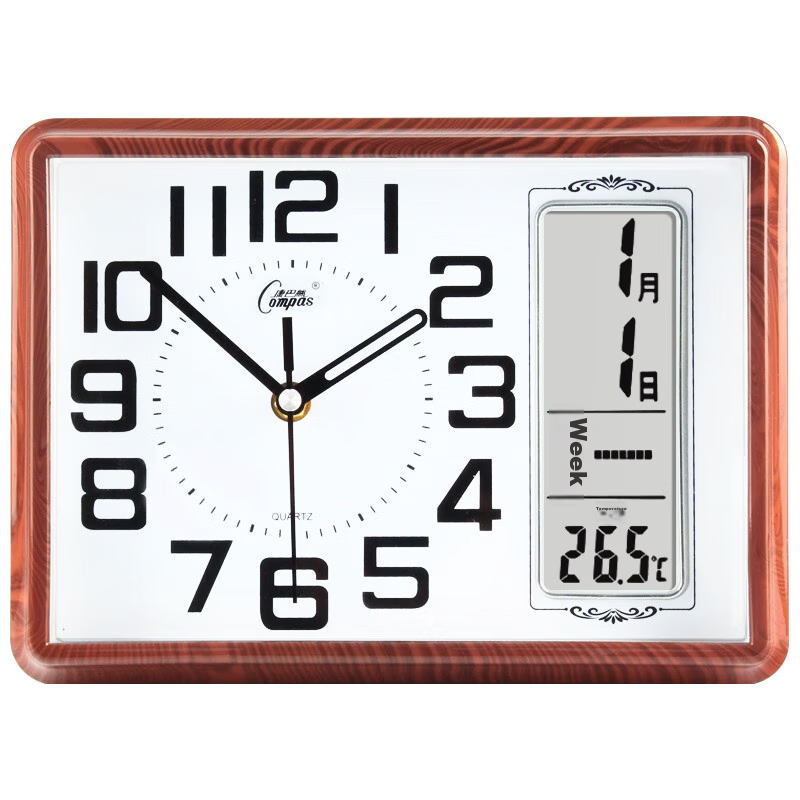 Compas Wall Clock, Living Room Simple Table Clock, Quartz Clock, Fashionable Calendar Bedside Clock 2991, Coffee Wood Color, 26cm