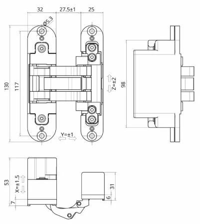 Петля скрытая для компланарных дверей, универсальная, 3D, 130x32/25 мм, 60 кг, цамак и алюминий, с 4 накладками и 4 винтами для крепления накладок, белый