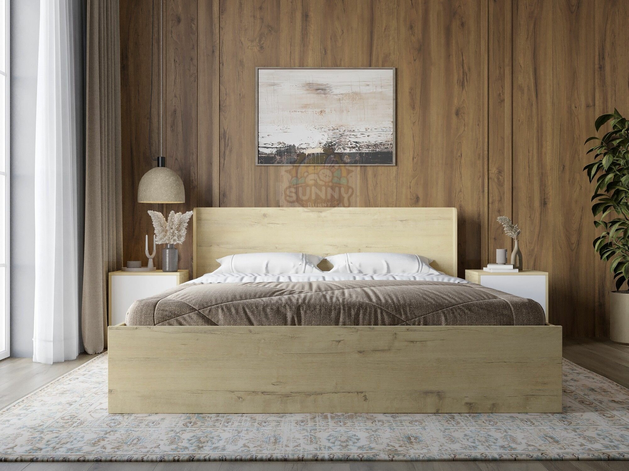 Двуспальная кровать Sicilia 180х190 см, с двумя тумбами, (матрас-sleep FLEX S), ортопедическое основание, ЛДСП (Бунратти)