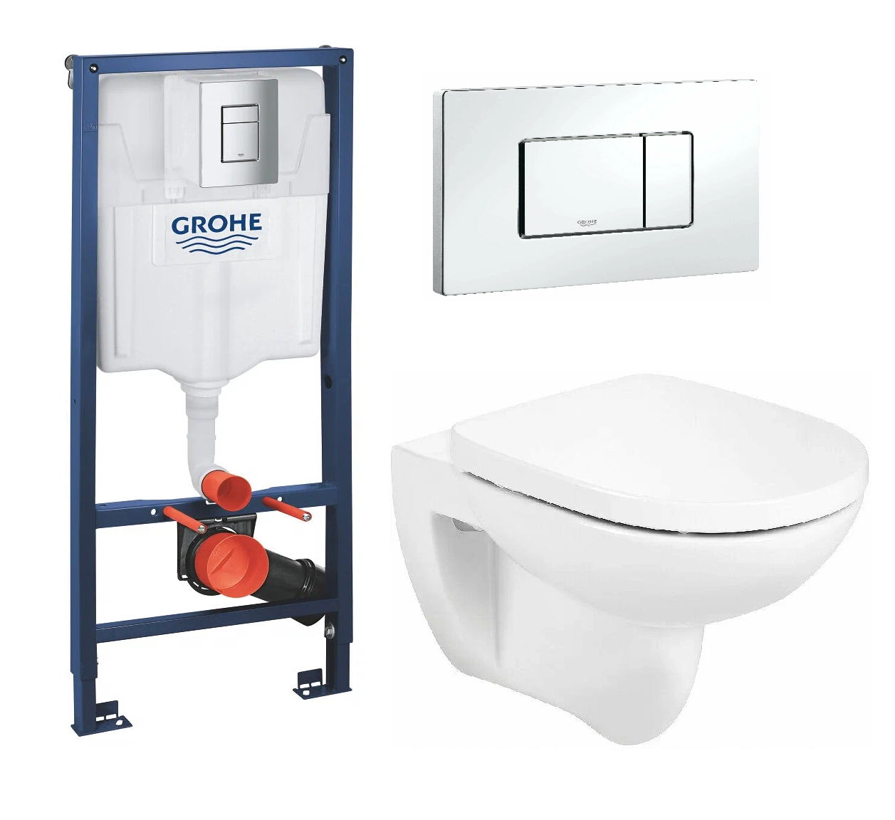 Комплект ПЭК унитаза Roca Debba Round Rimless (безободковый) с сиденьем микролифт и инсталляцией GROHE Rapid SL с квадратной кнопкой хром, (346998000, 801B2200B, 38772001)
