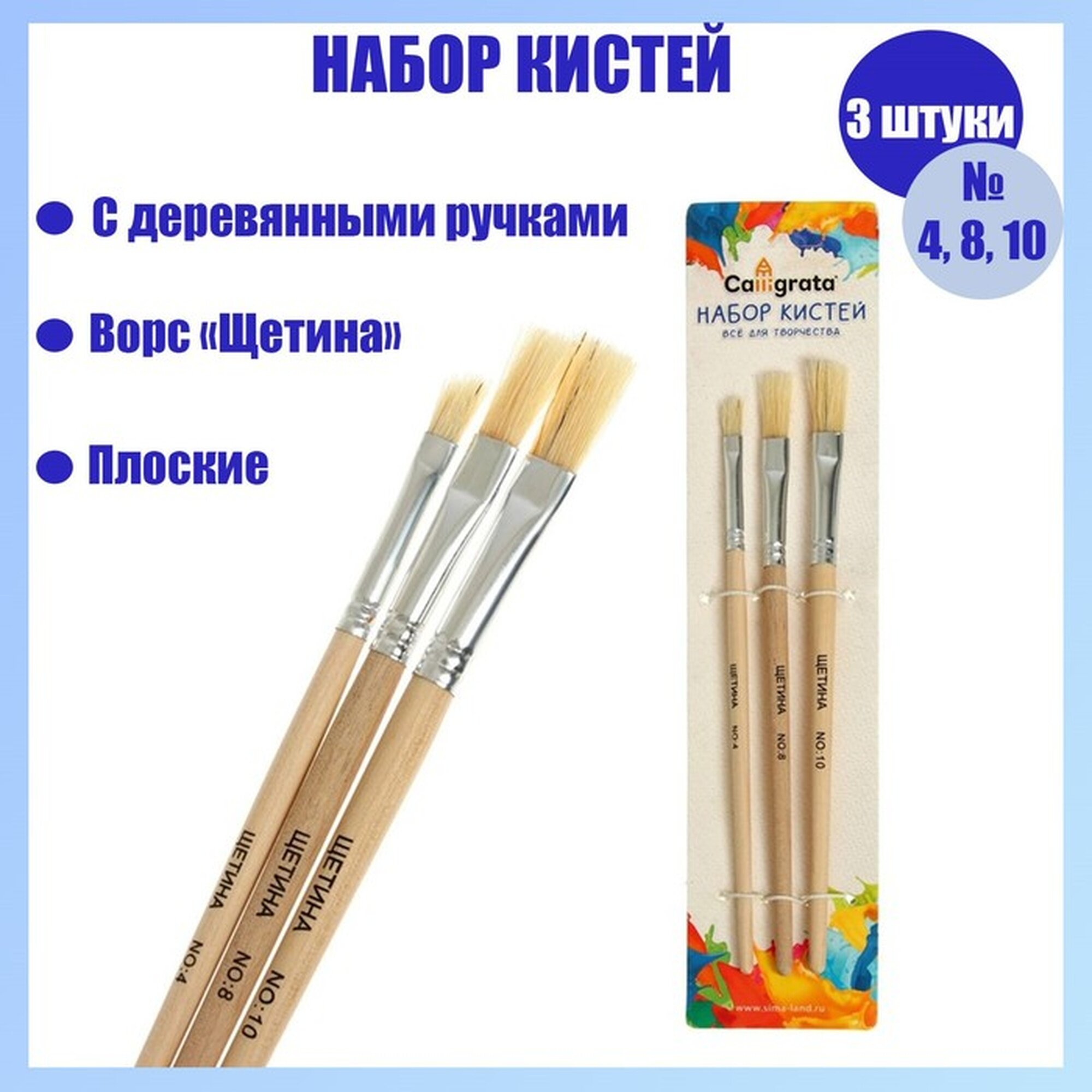 Набор кистей Calligrata, № 4/8/10, щетина, плоские, дерево, 3 шт