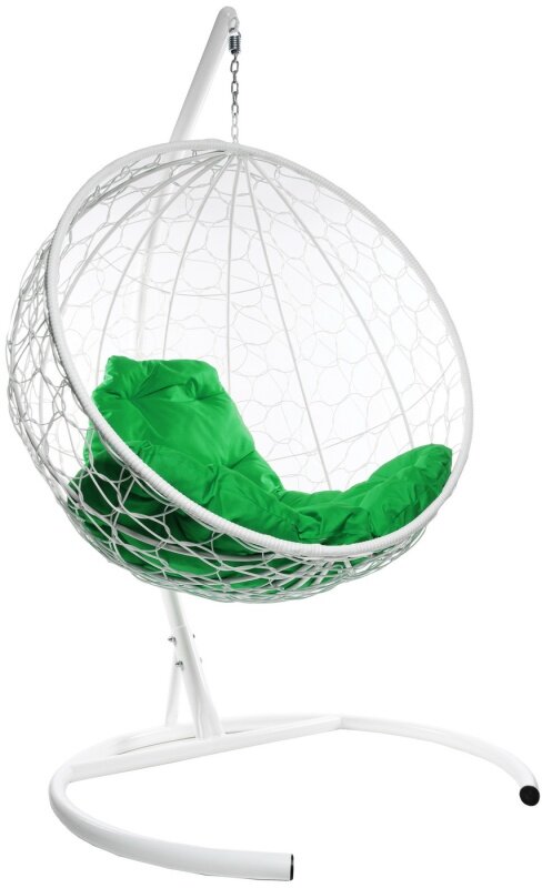 Подвесное кресло кокон Круг с ротангом белое с зеленой подушкой, высота 193 см