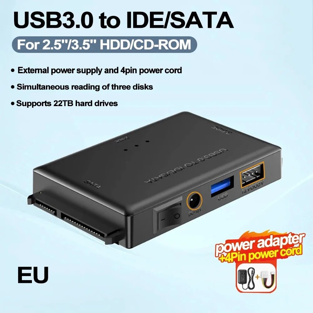 Адаптер жесткого диска USB 3.0 к SATA IDE 2,5/3,5-дюймовый адаптер жесткого диска SSD HDD Кабель-конвертер USB 3.0 к Sata III для портативных ПК, EU Plug