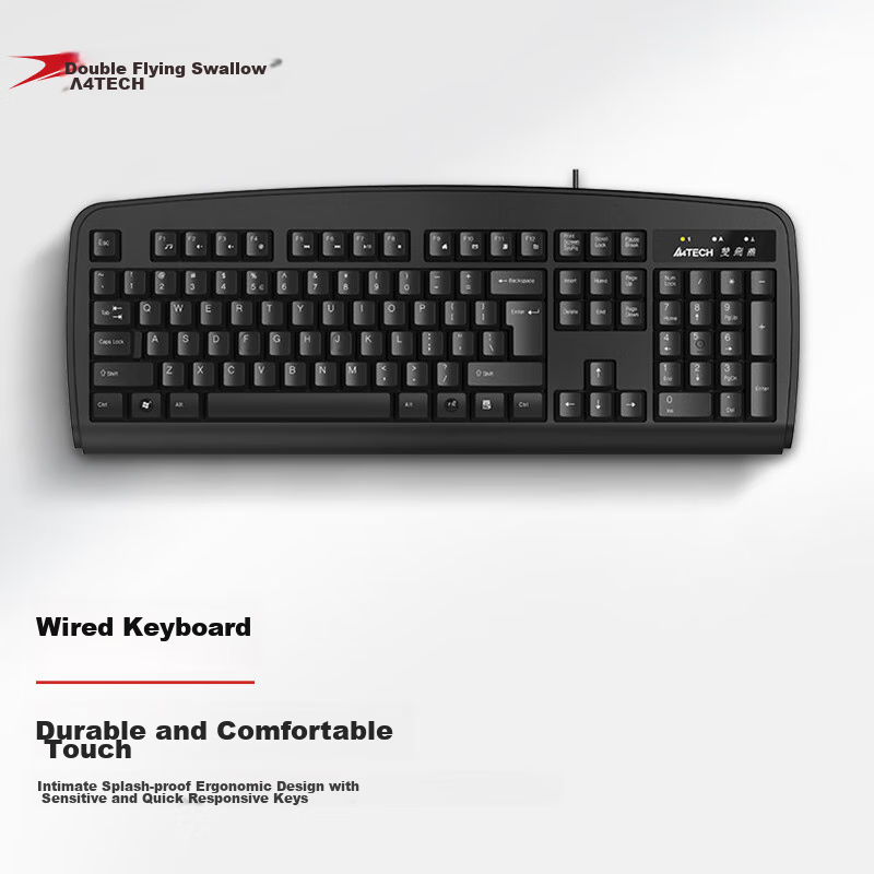 A4TECH KB-8PS2 Keyboard, Wired Keyboard, Office Keyboard, Splash-Resistant, PS2 Interface for Desktop Computers, Black