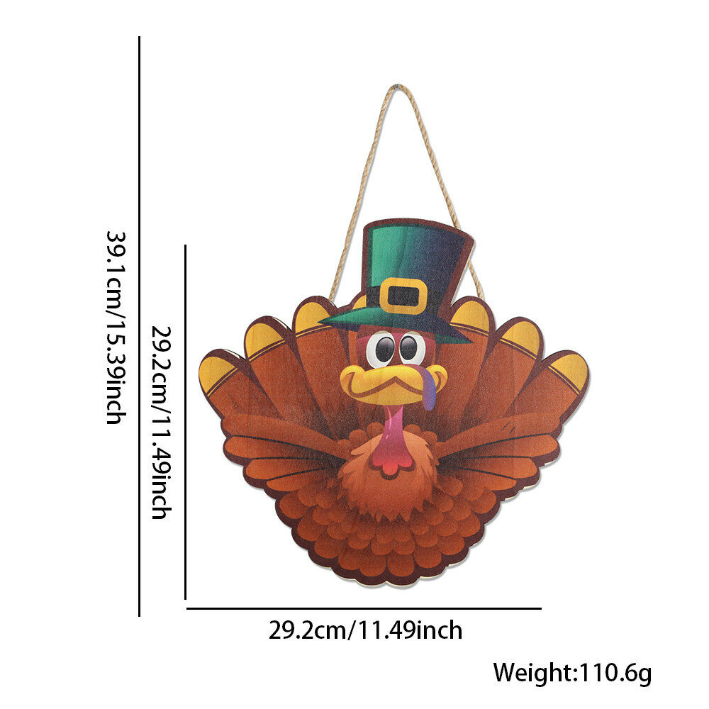 Яркий деревянный дверной висячий декор на День благодарения с дизайном очаровательной индейки и листьев, индейка в высокой шляпе.