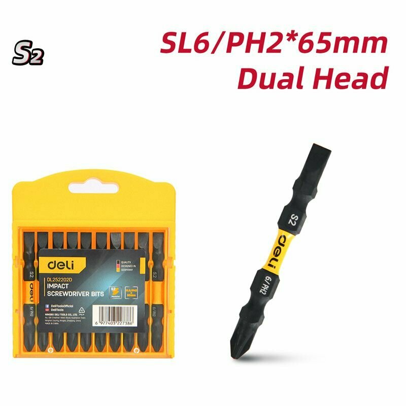 Набор двухсторонних торсионных бит SL6/PH2 10шт Deli DL252202D (сталь S2, длина 65мм)