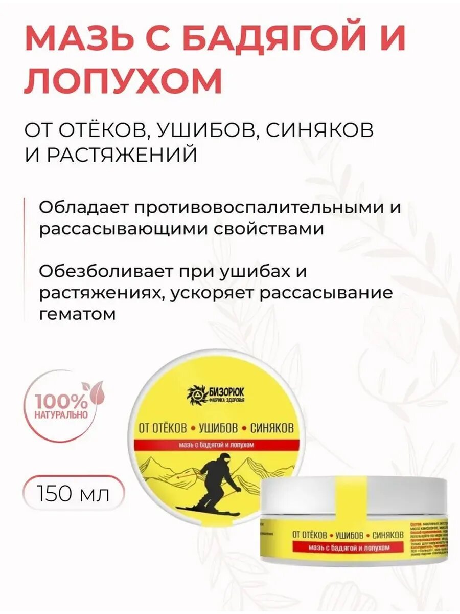 Мазь Противоотёчная с бадягой и лопухом от отёков, синяков