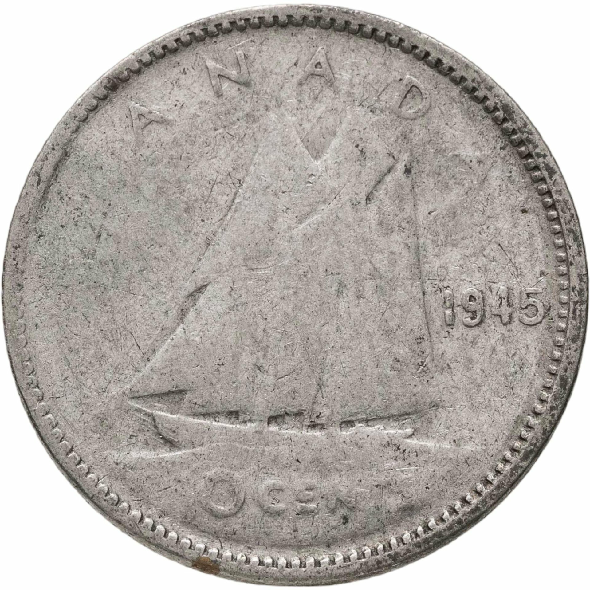 Канада 10 центов cents 1945, Серебро 800, в сохранности VG-F