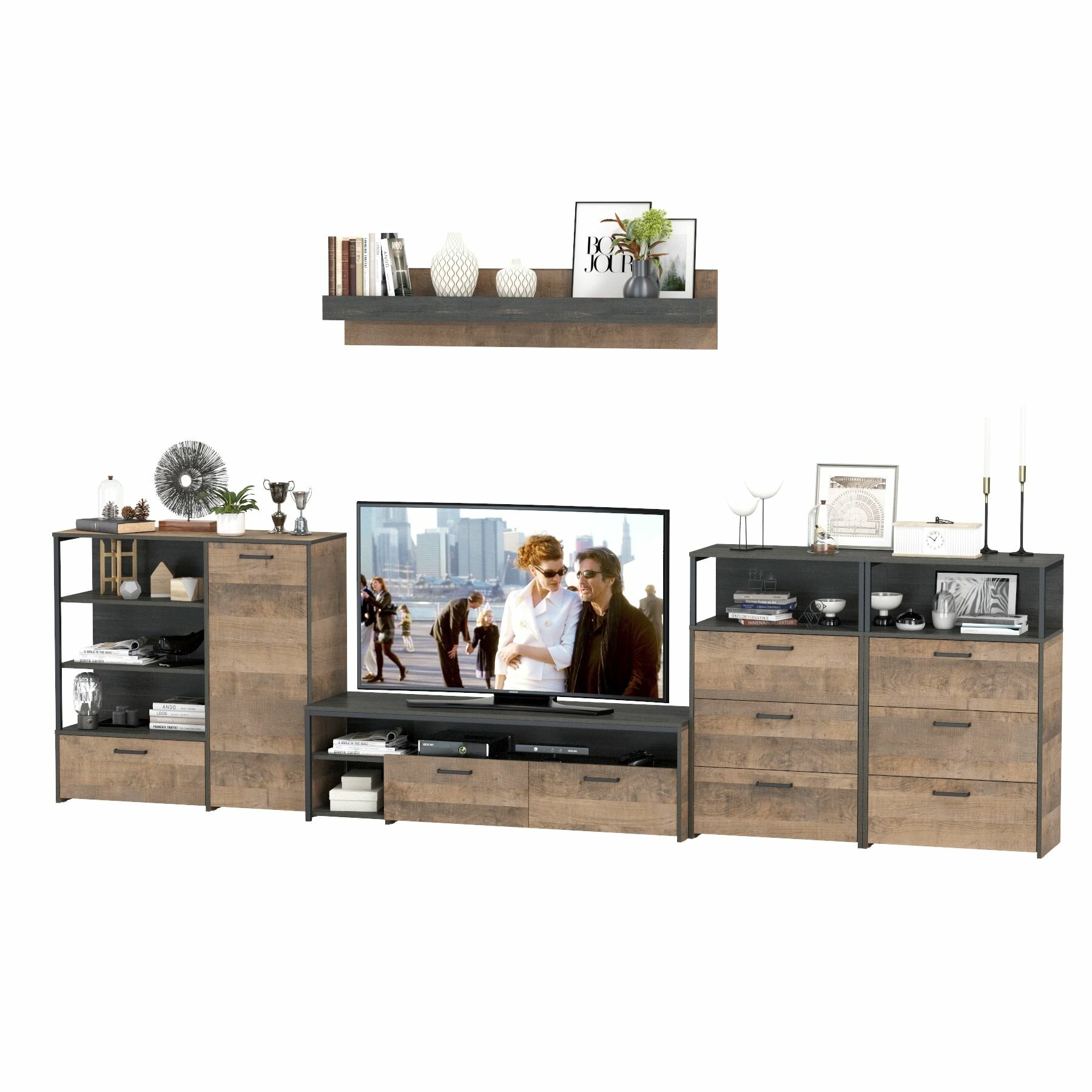 Набор мебели из пяти предметов для гостиной в стиле лофт Трувор № 105, цвет дуб гранж песочный/интра 390,8х45,4х195 см.