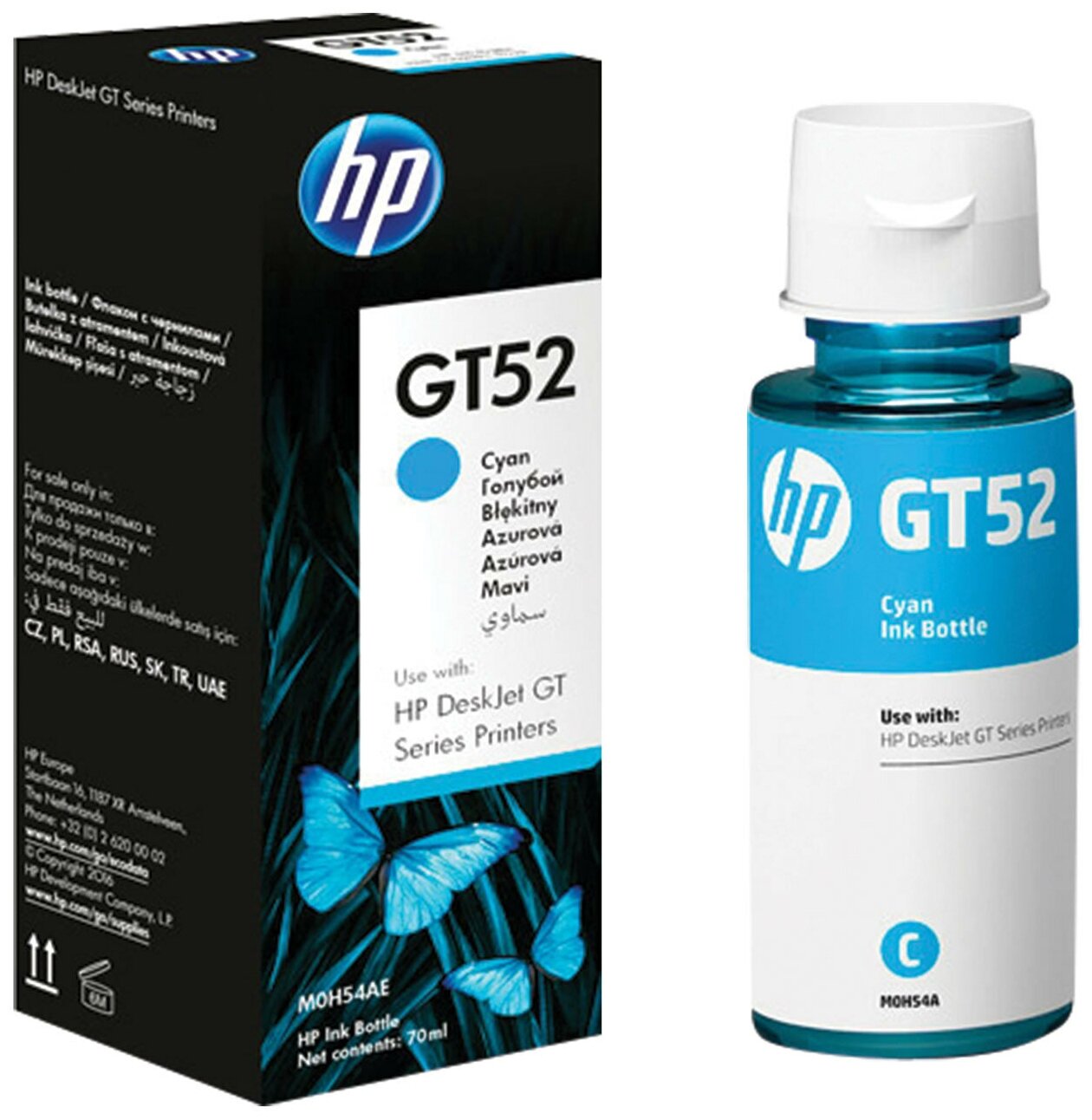 Чернила HP GT52, для InkTank 315, 410, 415, SmartTank 500, 515, 615 голубые, ресурс 8000 страниц, оригинальные M0H54AE