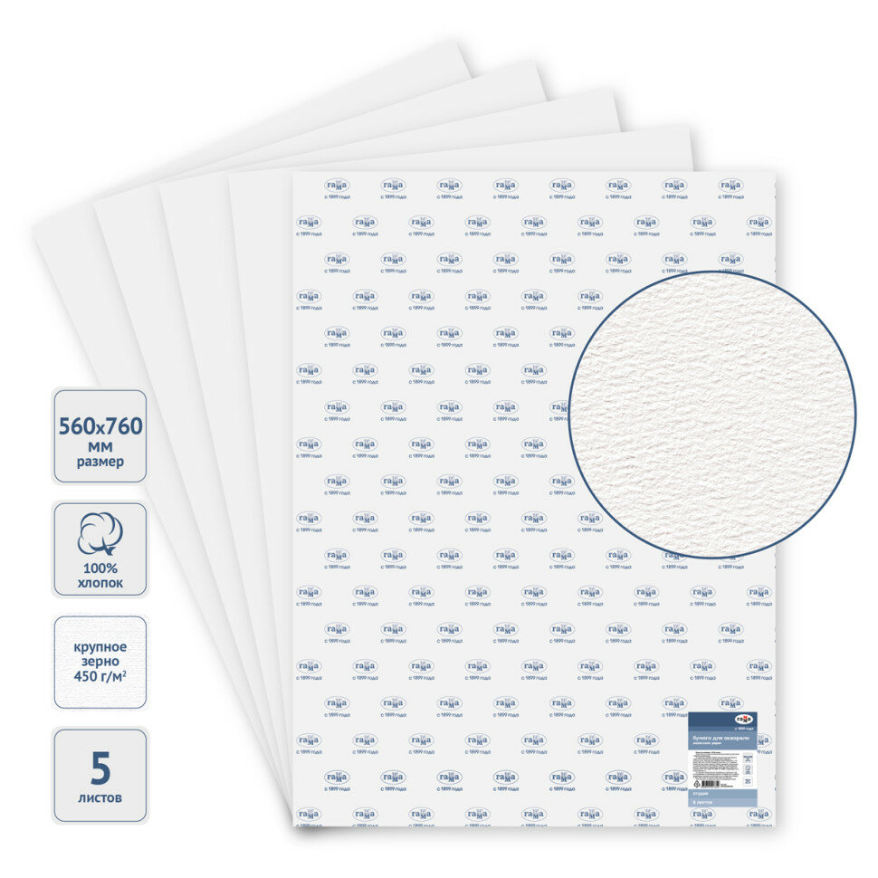 Бумага для акварели, 5л, 560*760мм, Гамма "Студия", 450г/м2, крупное зерно, 100% хлопок, 362608