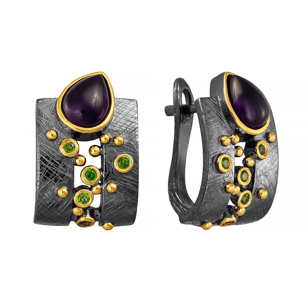Серьги, серебро, 925 проба, аметист, хромдиопсид