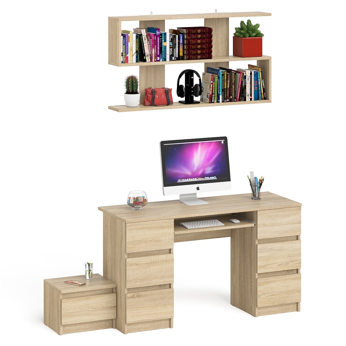 Ый стол компьютерный СВК Мори МС-2 с тумбочкой с ящиком и полкой дуб сонома