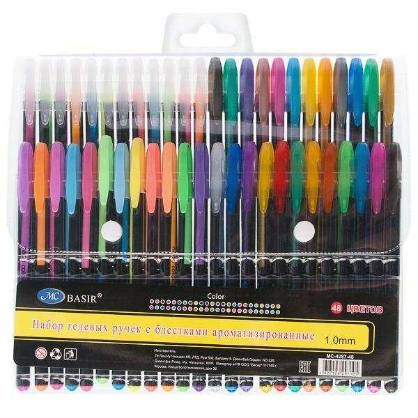 Набор ручек 48 цветов, гелевые ароматизированные, неон, с блестками, черный пластиковый корпус с цветной вставкой, MIRACULOUS BASIR