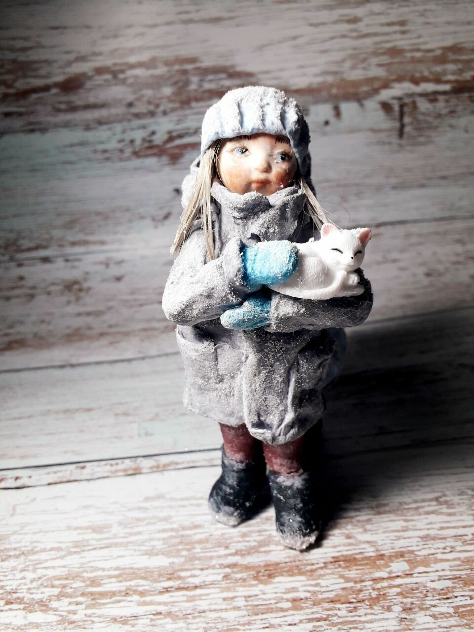 Ватная игрушка *Оксана и котик* 13см.