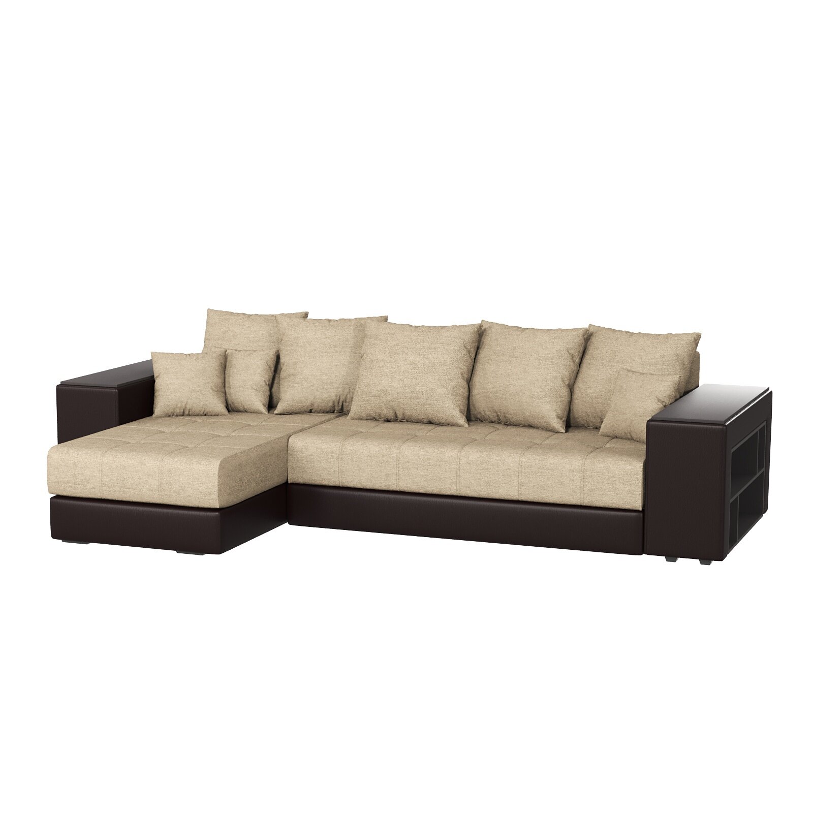 Угловой диван Дубай в рогожке Дрим 01 и кожзаме браун, механизм еврокнижка