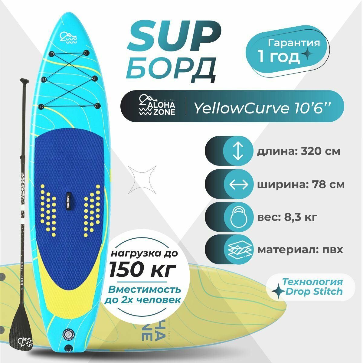 Сапборд ALOHA ZONE YellowCurve, для плавания, с веслом и насосом, до 150кг