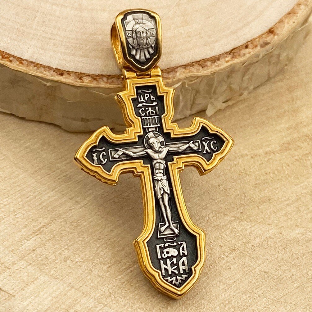 Крестик, серебро, 925 проба, оксидирование, золочение, чернение