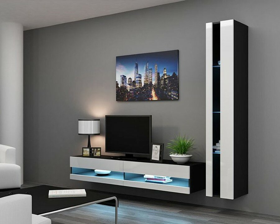 Гостиная Виго нью 8 МДФ Белый DM635-6 / Черный 0190 NEW 220x42x180 см, белый, черный Дом мебели для вас