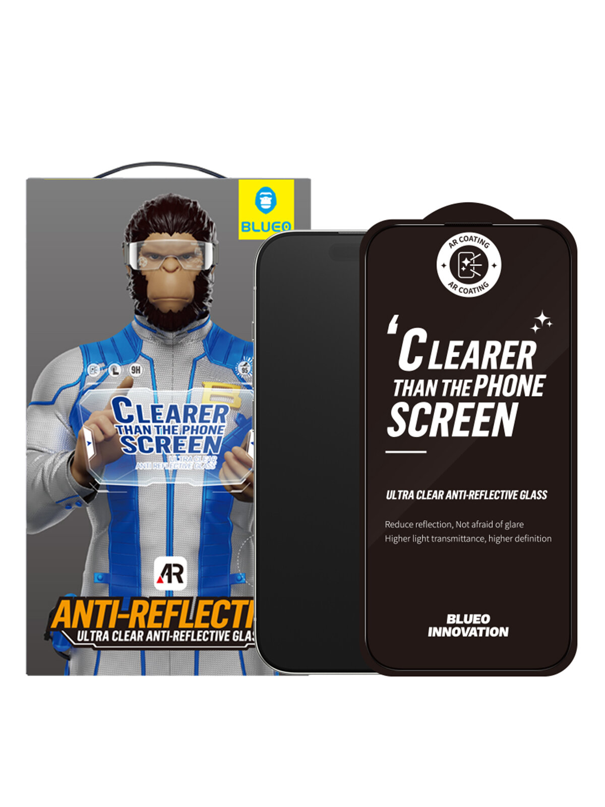 BlueO стекло для iPhone 16/15, AR Anti-reflective Black (ультра-прозрачное)
