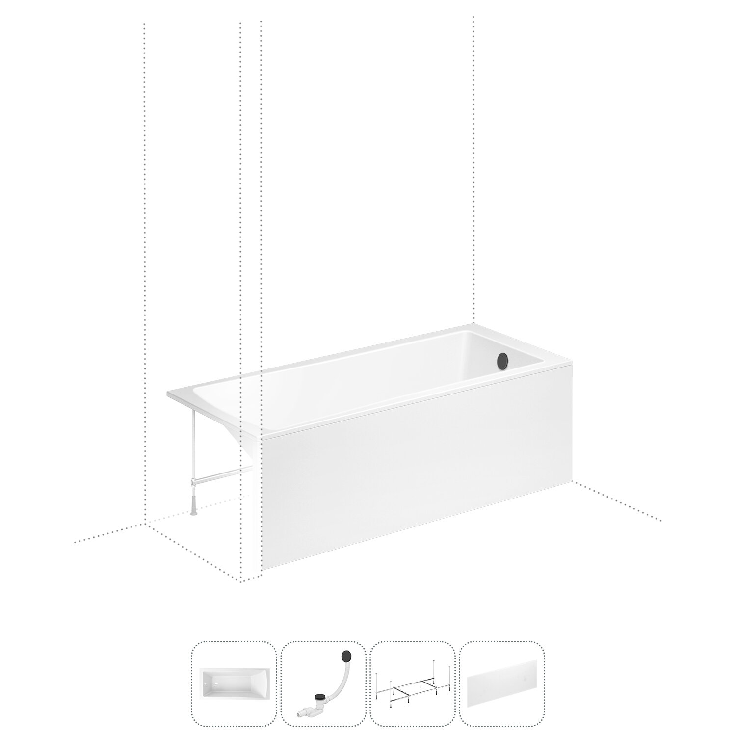 Акриловая ванна 140x70 с каркасом и экраном Lavinia Boho One 202011204 в наборе 4 в 1: прямоугольная ванна 140 x 70 см, слив-перелив, каркас, экран