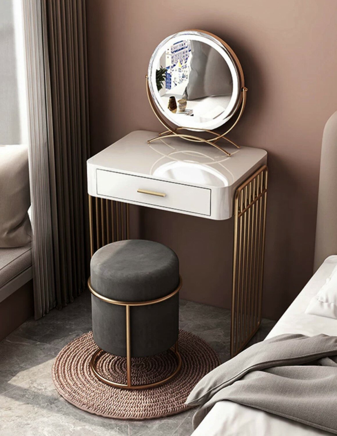 Туалетный столик Orly (Стол 65см / белая столешница + зеркало с подсветкой + серый пуф)