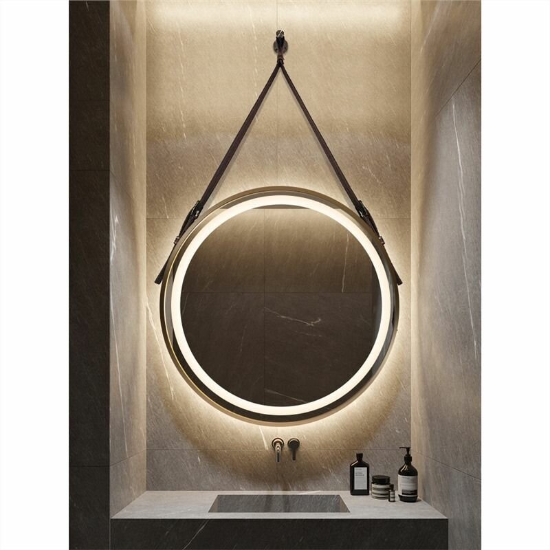 Зеркало с подсветкой в ванную комнату настенное сенсорное "Black Led" D 600 на ремне из натуральной кожи черного цвета