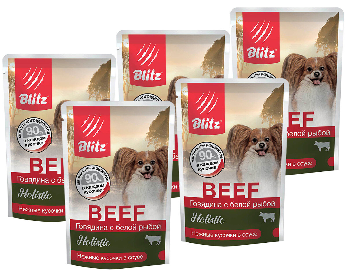 BLITZ HOLISTIC BEEF для взрослых собак маленьких пород с говядиной и белой рыбой в соусе пауч 85г 85 гр х 5 шт