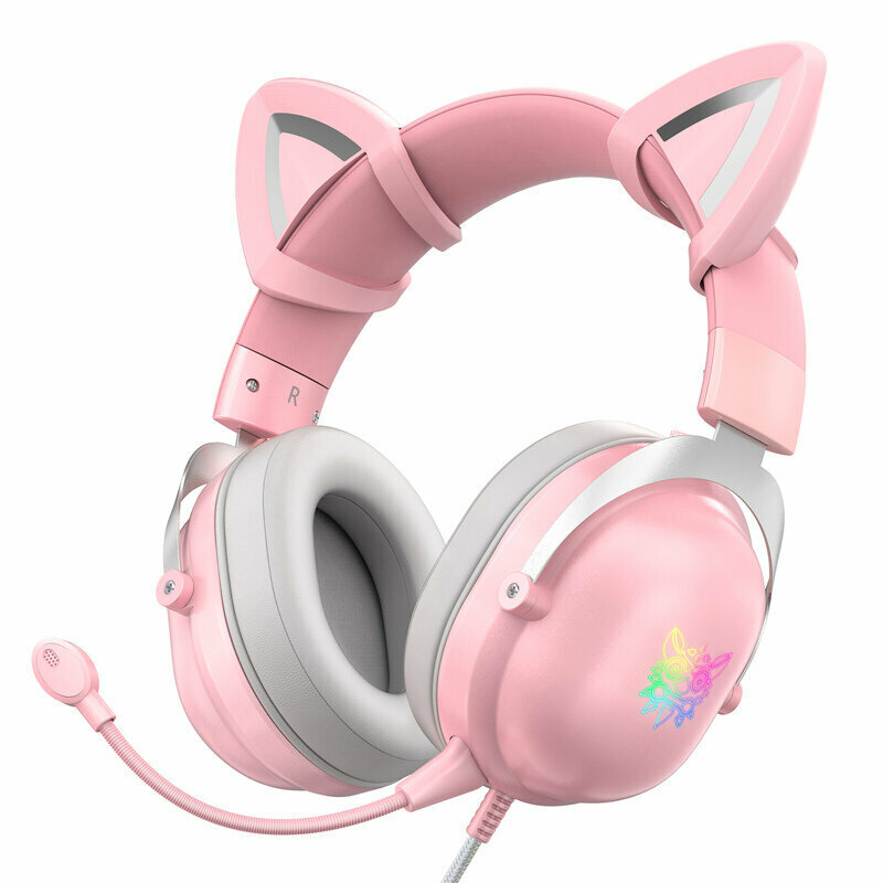 Bblueday ONIKUMA X11 Проводные наушники Стереогарнитура для игр Кошачьи уши Симпатичные RGB Светящиеся 3,5-мм проводные регулируемые наушники с микрофоном - Розовый