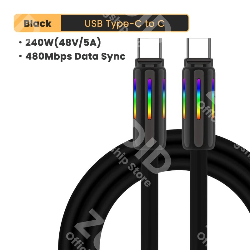 Кабель для быстрой зарядки USB C To Type C, 240 Вт PD3.1, жидкий силиконовый кабель Черный, черный