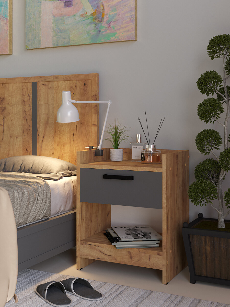 Тумба 1 ящик с нишей дуб крафт золотой графит высота 56 см Эпика