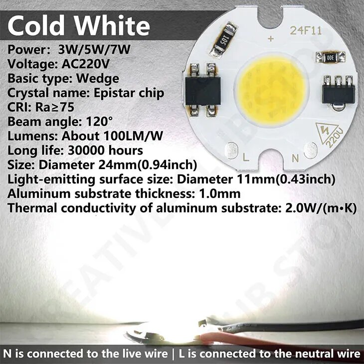 DT&ZM светодиодный чип COB лампа 3Вт/5Вт/7Вт 220В Белый, Cold White AC220V, 1pcs 7W