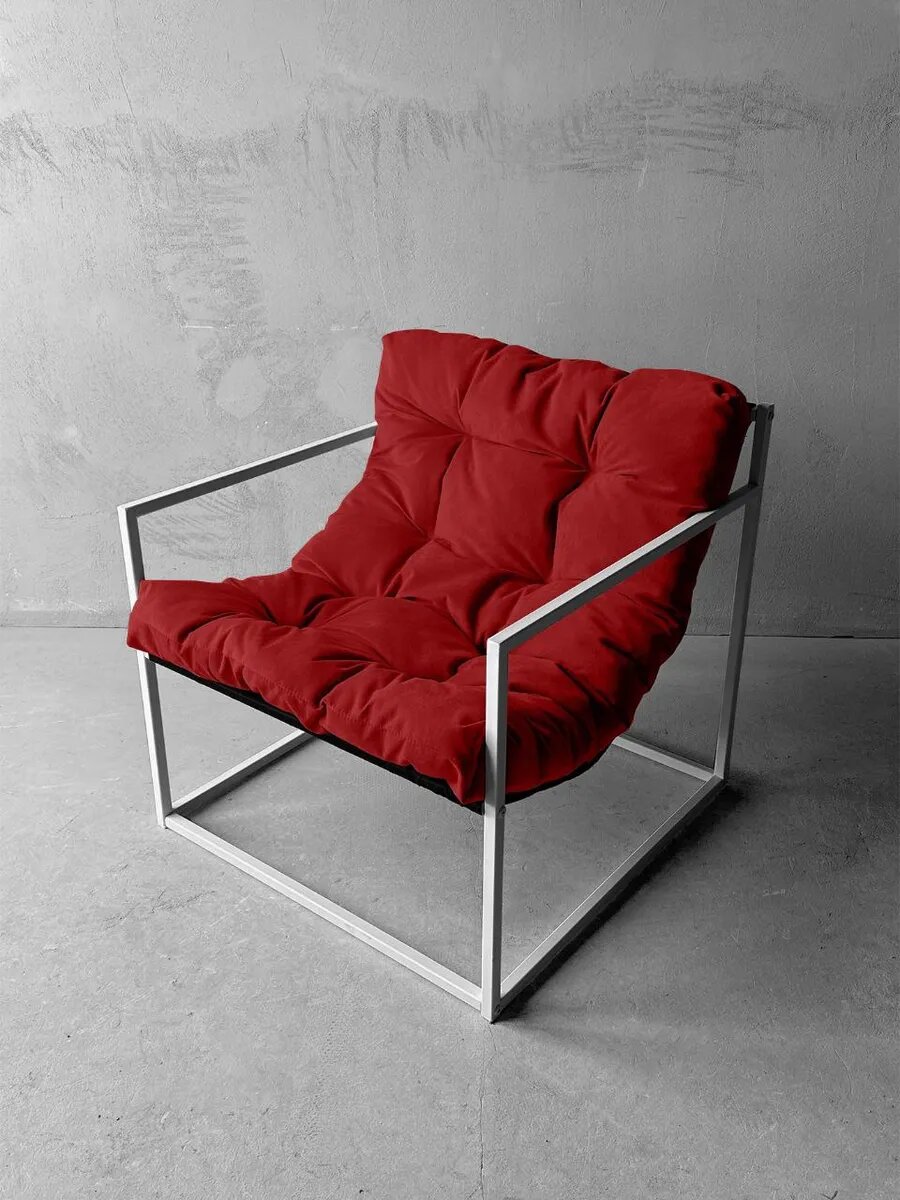Кресло мягкое удобное для отдыха, уличное, на балкон, на веранду, в стиле лофт, минимализм, Комфи + велюр красный, белый металл