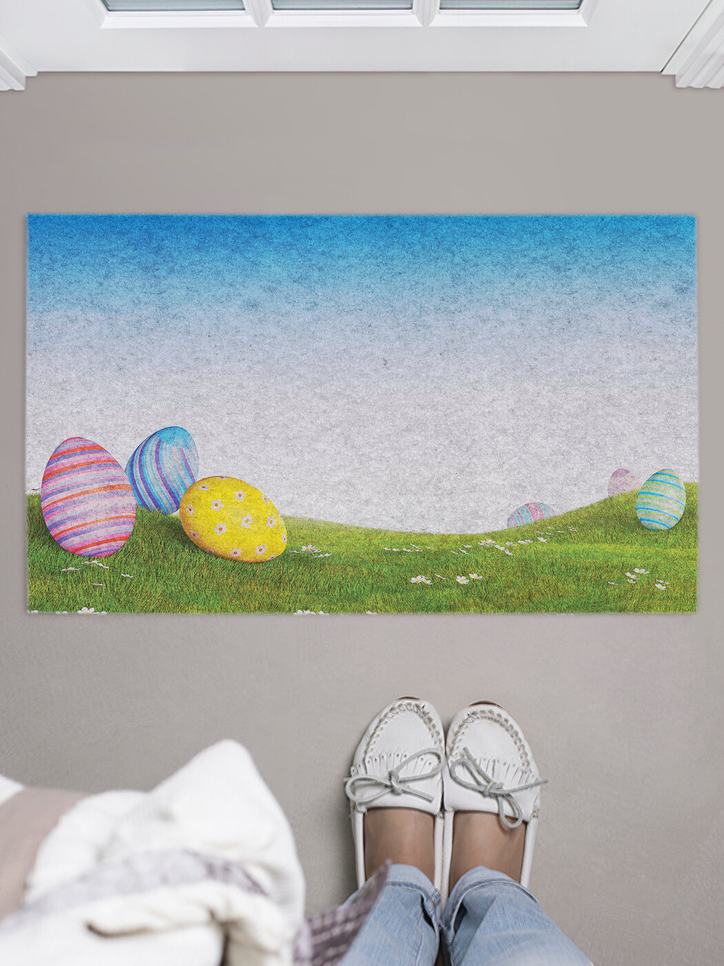 Коврик придверный в прихожую с принтом "Пасхальные яйца на поляне" 45 на 75 см , JoyArty