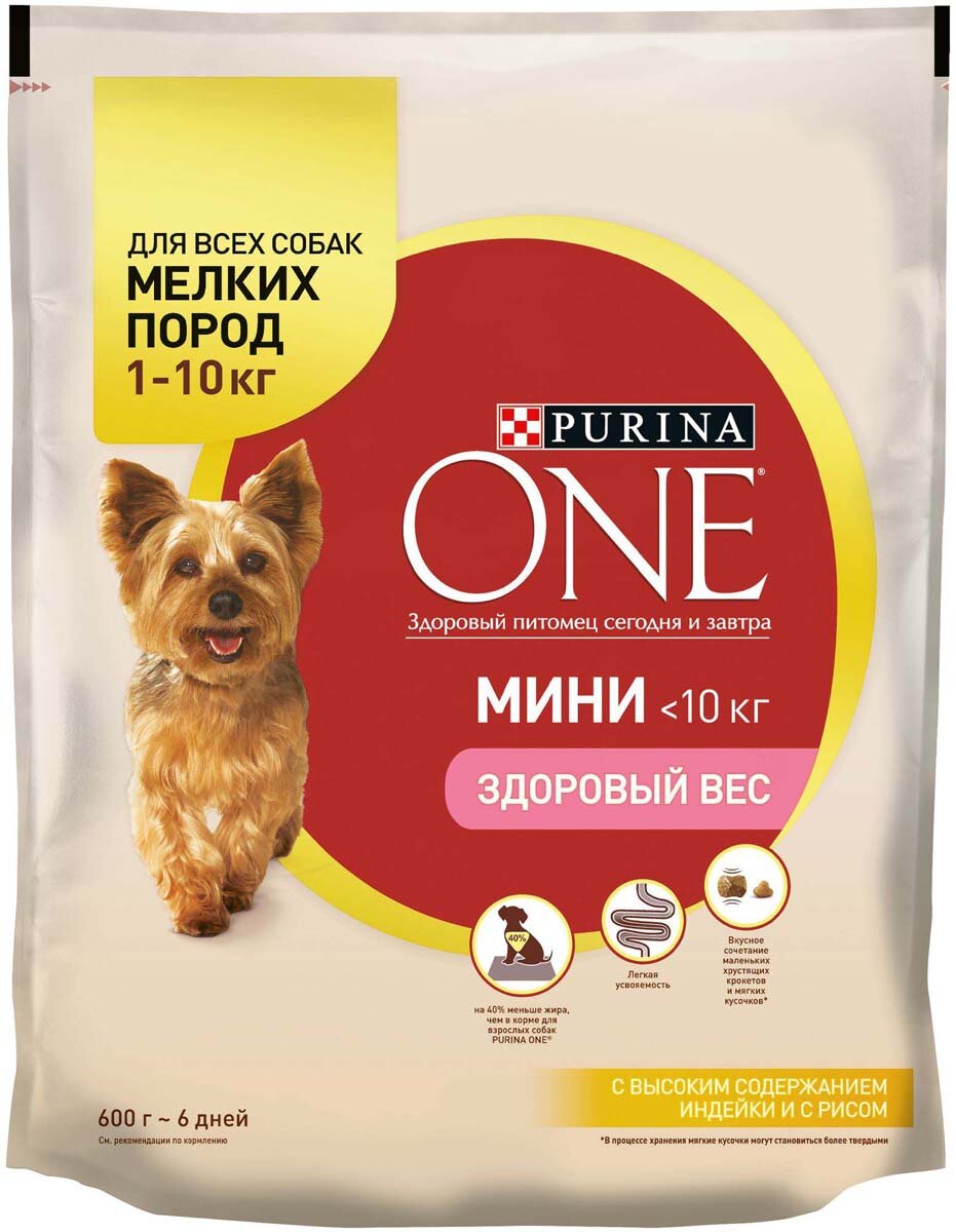 Сухой корм Purina One Мини Здоровый вес для собак мелких пород, индейка с рисом, 600 г